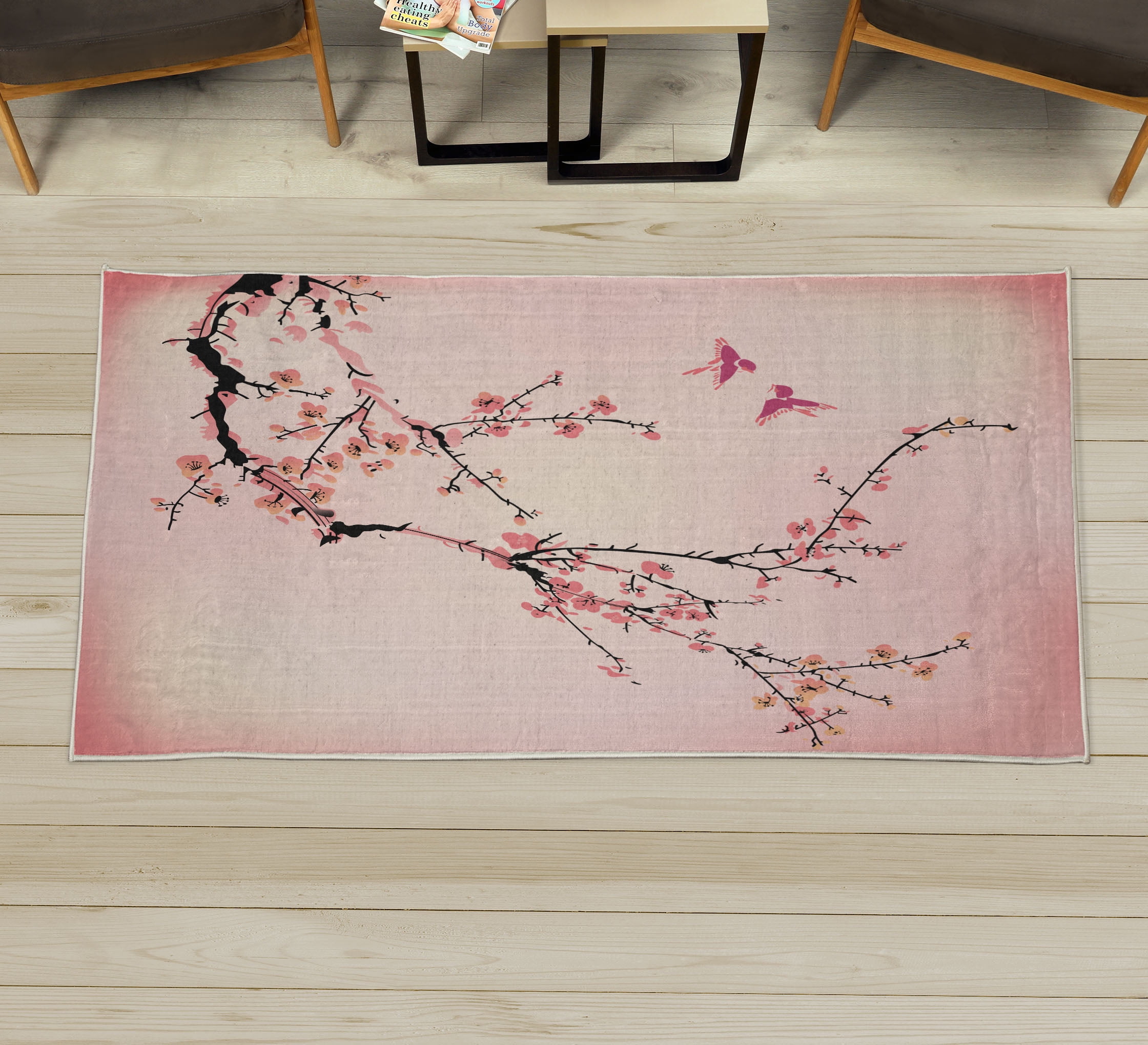 Nature Decorative Rug, Flowers Buds and Birds with Cherry Branches ...