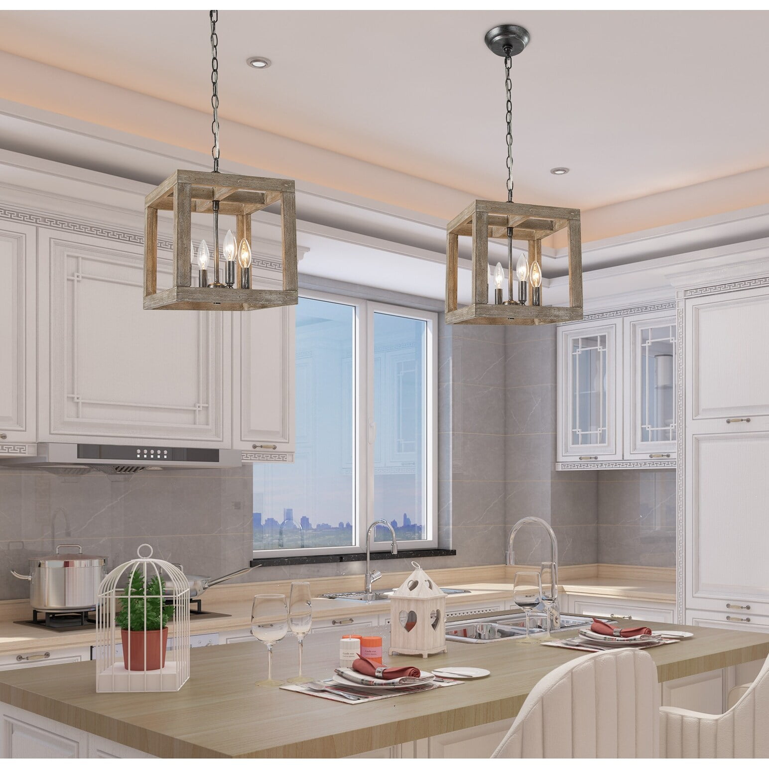 Loby Rustic Wood Kitchen Island Pendants Cage Geometric Ceiling ...