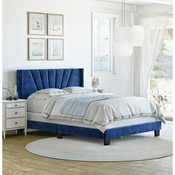 Boyd Sleep Valencia Velvet Upholstered Platform Bed Frame, Blue King ...