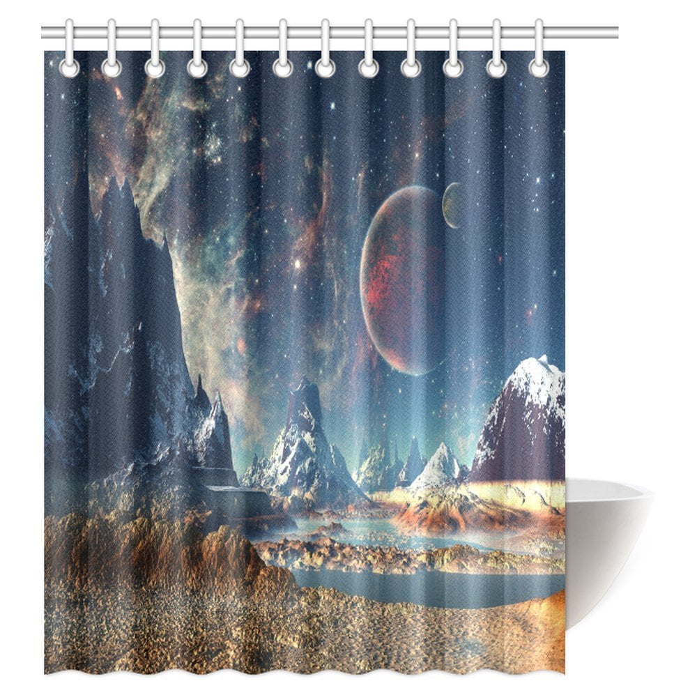 MYPOP Fantasy Shower Curtain, Alien Planet with Earth Moon and Mountain ...