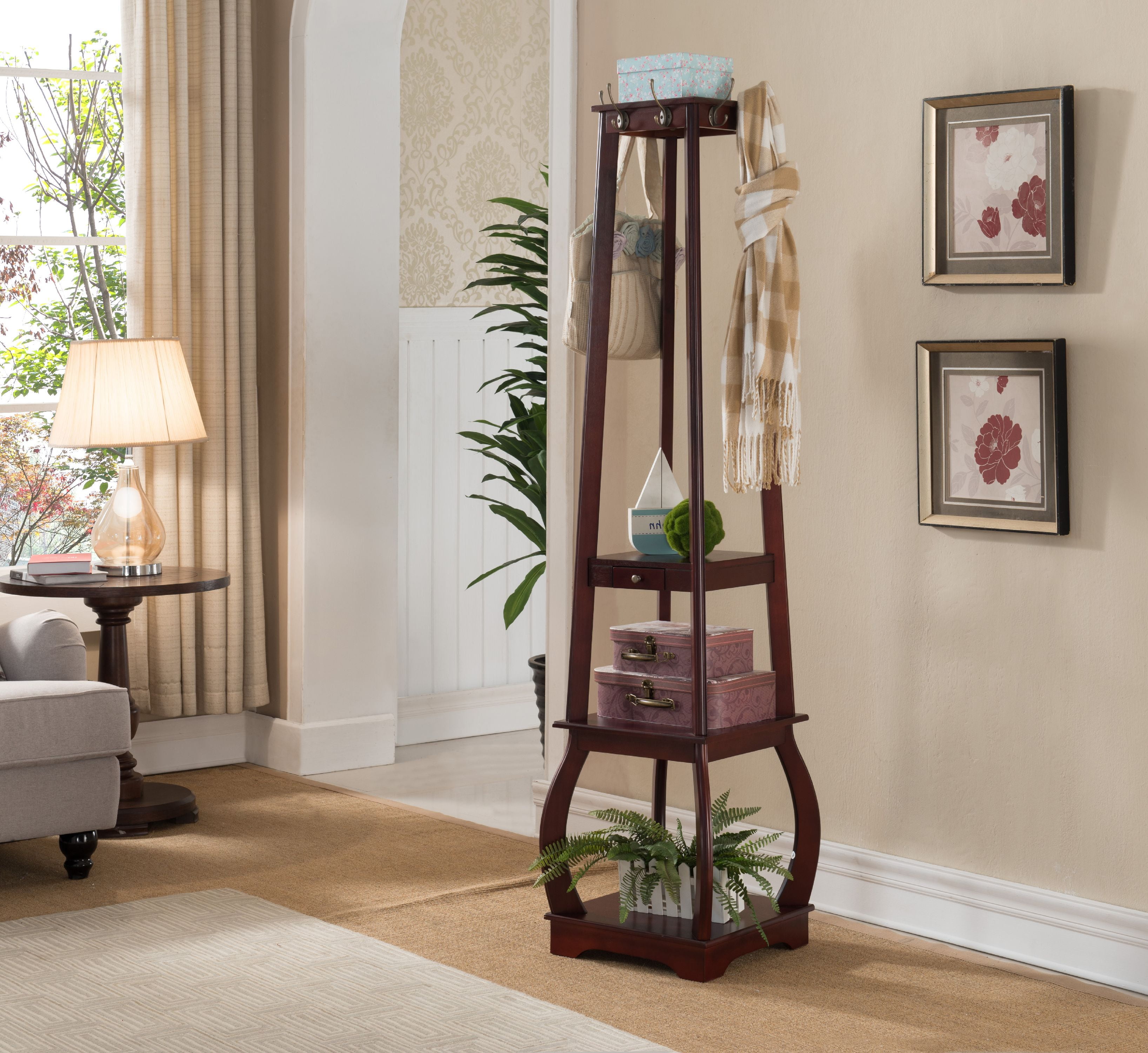 Beda Entryway Hall Tree Coat & Hat Rack Stand, 8 Hooks, Cherry Wood ...