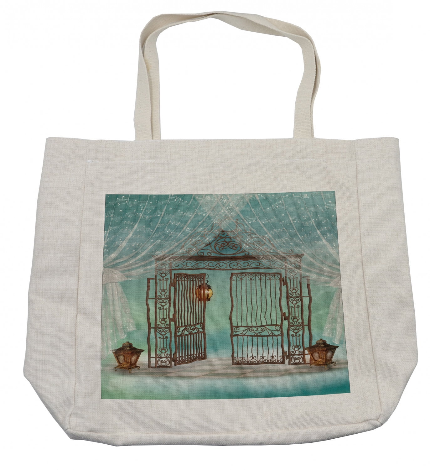 Retro Shopping Bag, Old Gate and Curtain Composition on Checkered Floor ...