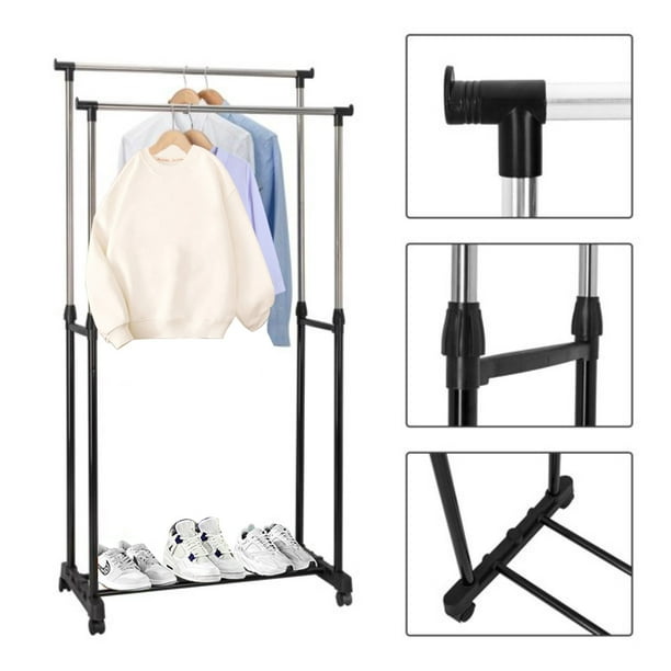 QXDRAGON Rolling Portable Adjustable Clothes Rack Double Bar Rail ...