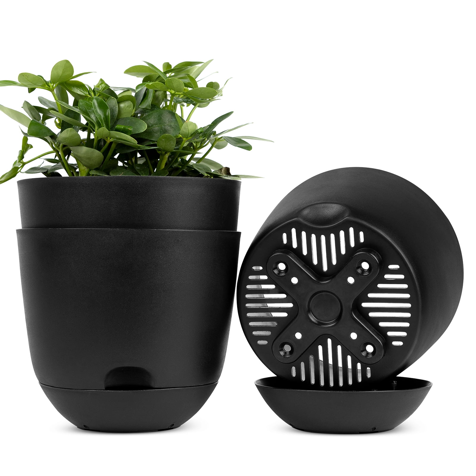 QCQHDU 3 Pack 6 in Round Outdoor Black Self Watering Plastic Planters ...