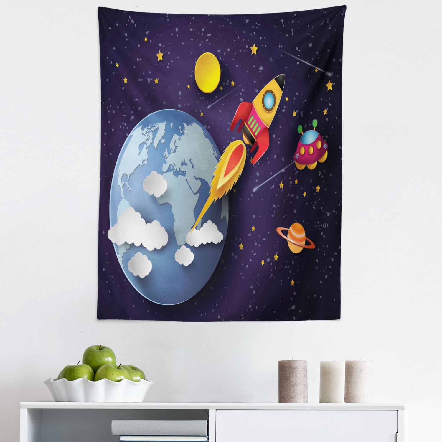 Space Tapestry, Rocket on Planetary System Earth Stars Ufo Saturn Sun ...