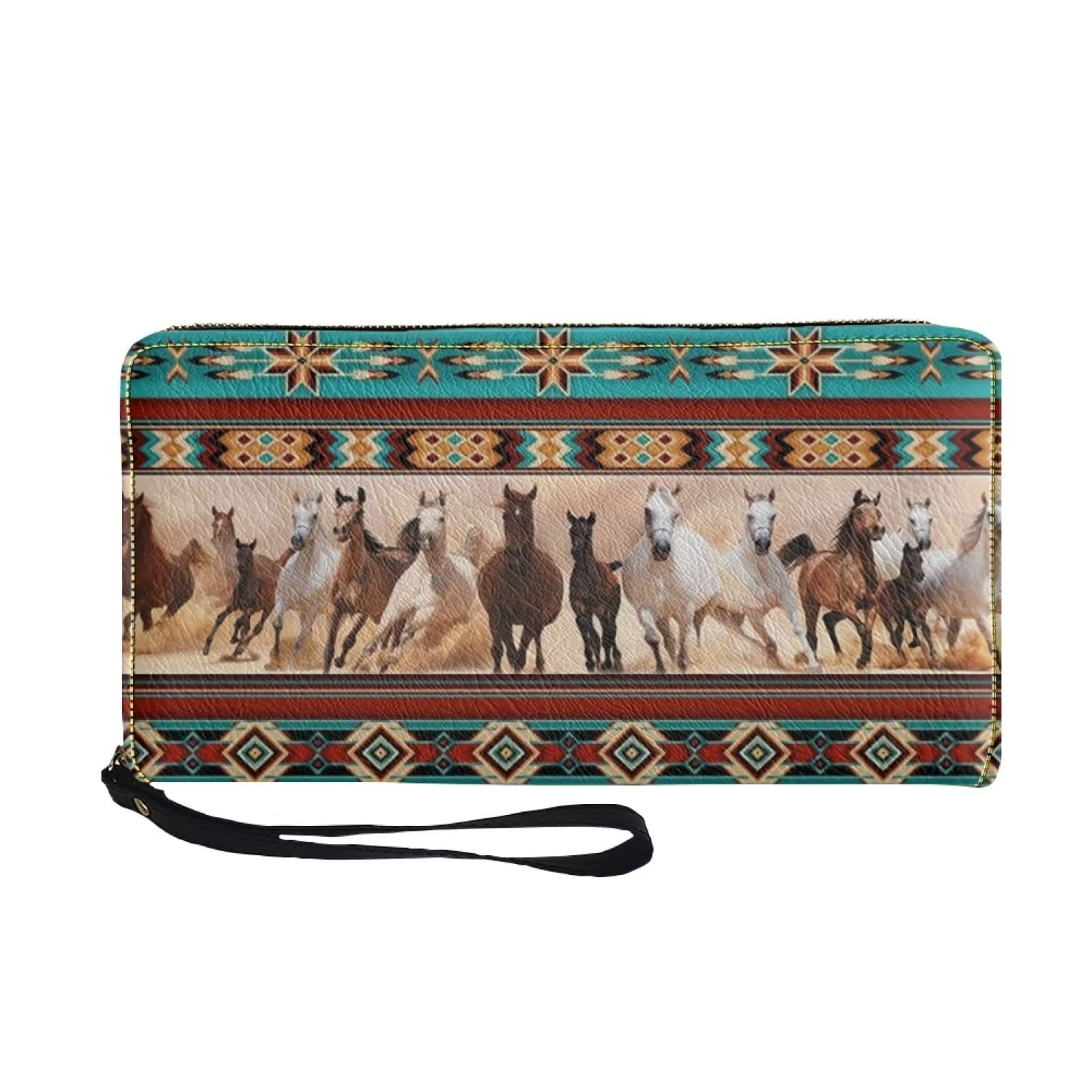 Reneword Native US Ethnic Aztec Print Leather Wallet Poratable Coin Purse with Wristlet Zipper ...