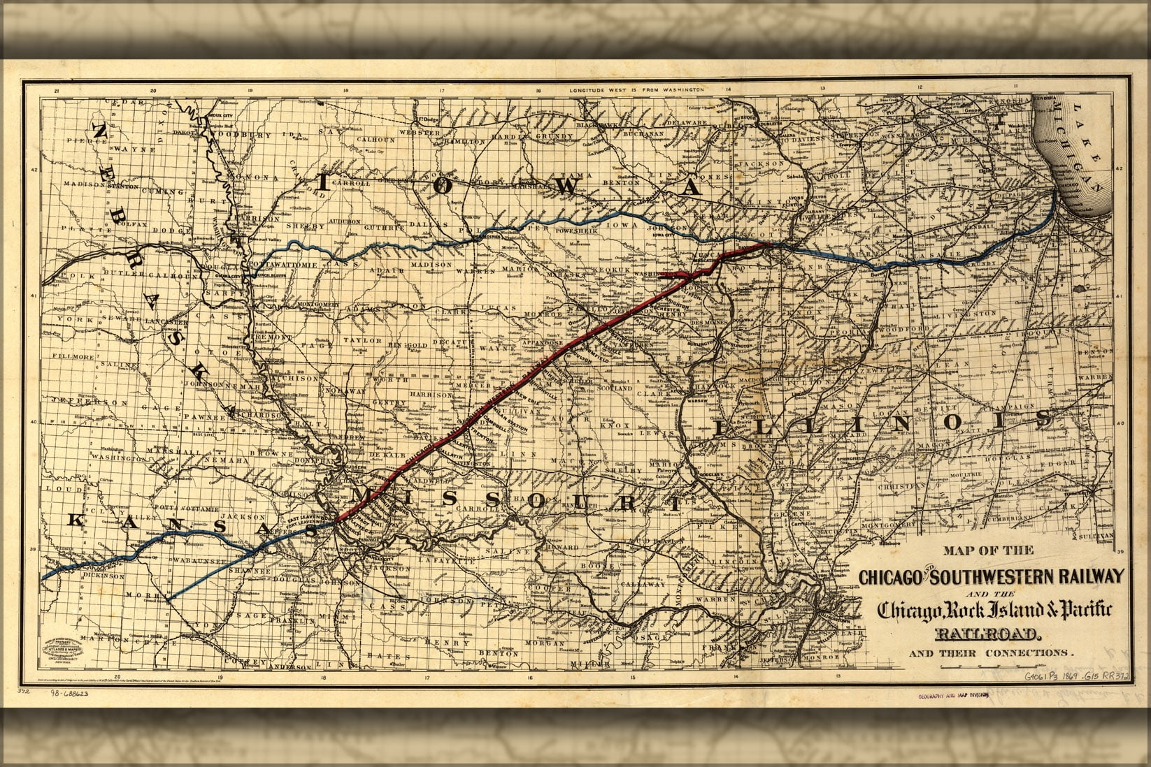 24"x36" Gallery Poster, Map of the Chicago and Southwestern Railroad ...