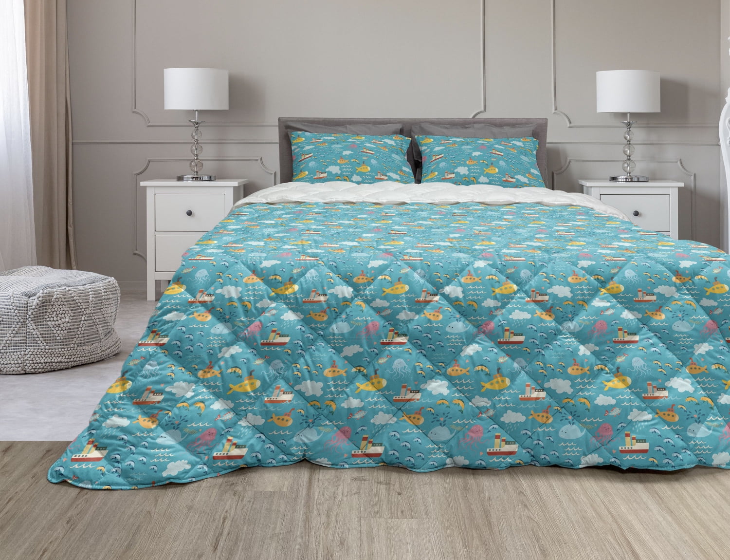 Ocean Comforter & Sham Bedding Set, Marine Pattern with Ships ...