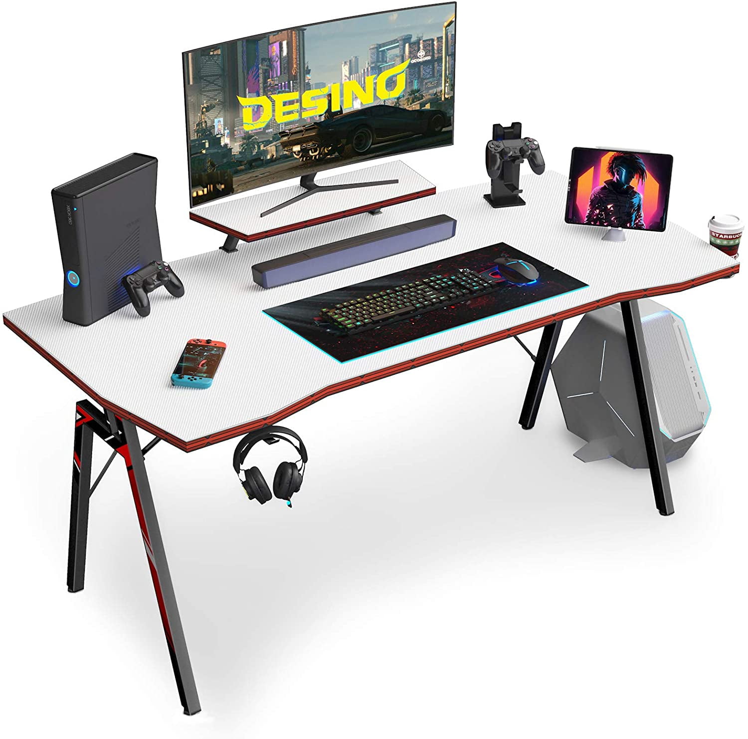 DESINO 47 inch Gaming Desk with Cup Holder and Headphone Hook, White ...