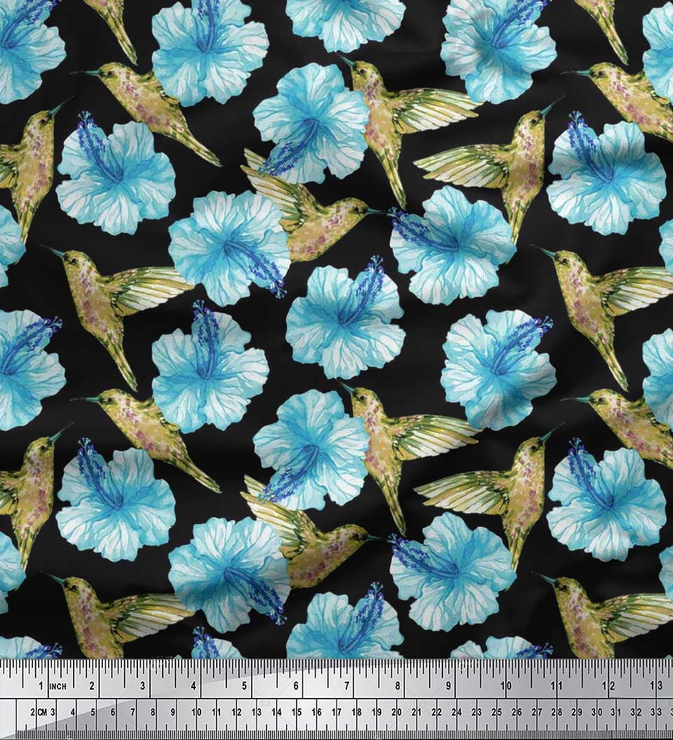 Soimoi Crepe Silk Fabric Hummingbird & Floral Print Fabric by the Yard ...