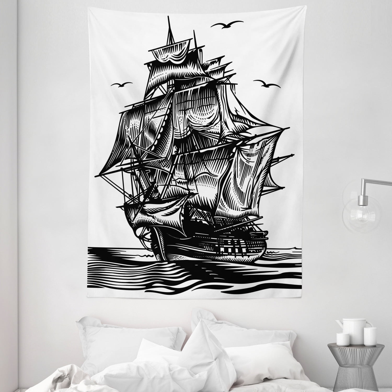 Pirate Ship Tapestry, Nautical Line Art Style Illustration with Vintage ...