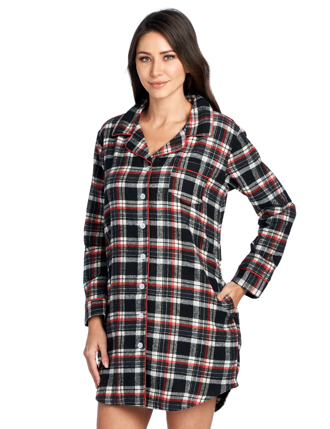 Ashford And Brooks Womens Flannel Plaid Long Lounge Shirt Sleep