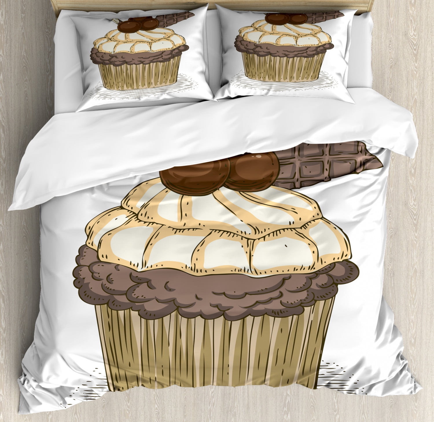 Cupcake Duvet Cover Set Queen Size, Hand Drawn Chocolate Cake with ...
