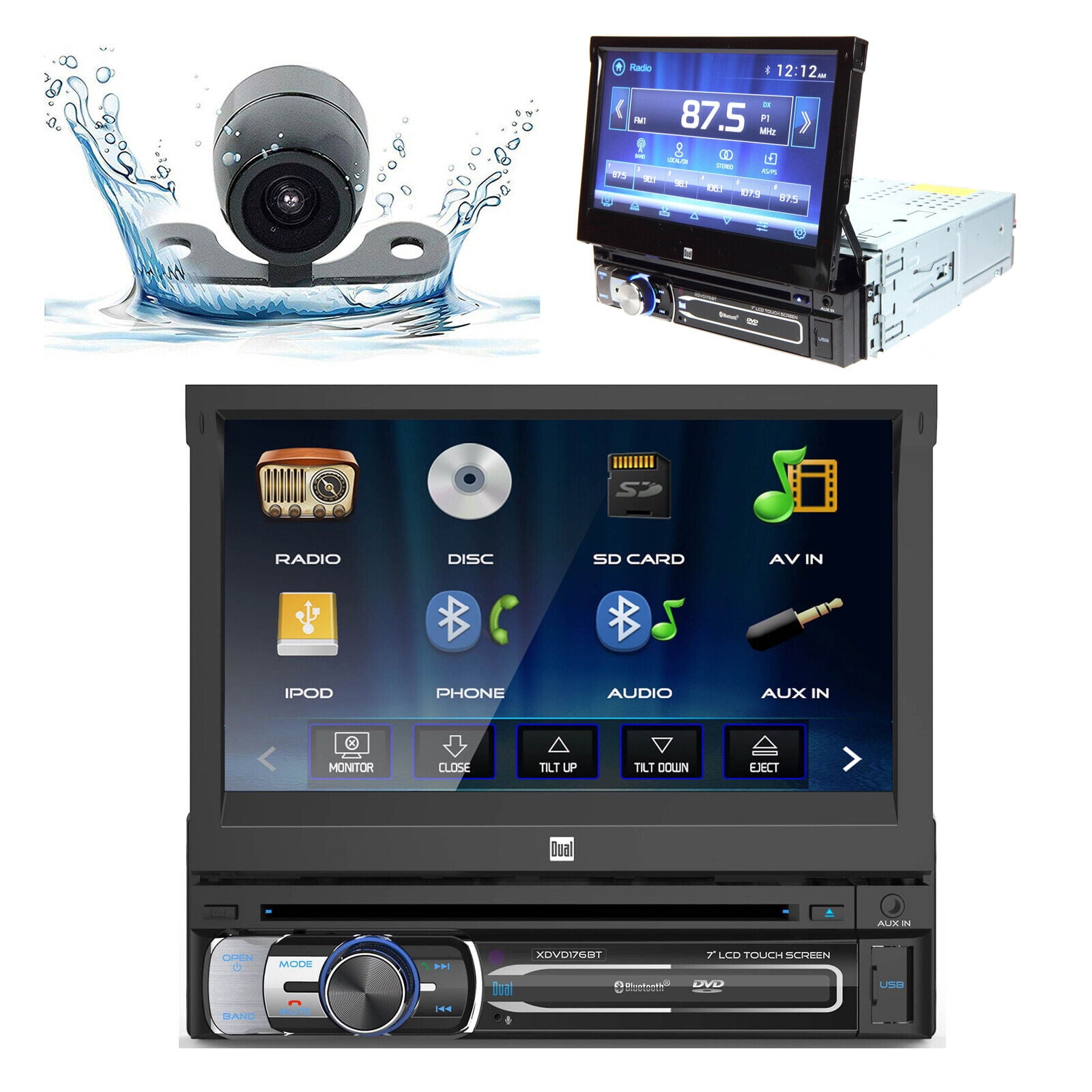 ADW Bundle Dual XDVD176BT 7" Bluetooth 1-Din DVD Receiver Motorized ...