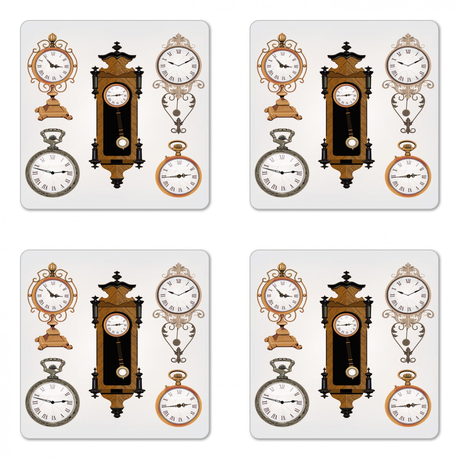 Clock Coaster Set of 4, Vintage Styled Clocks Arrangement Old Fashioned ...