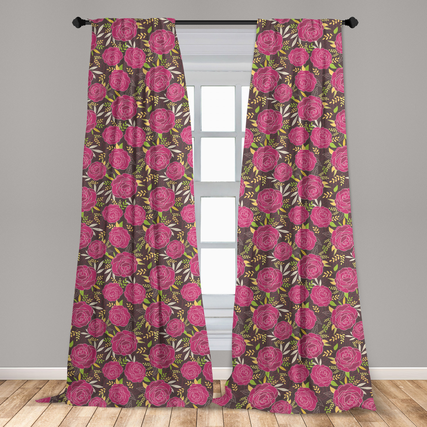 Floral Curtains 2 Panels Set, Detailed Silhouettes of Roses and Leaves ...