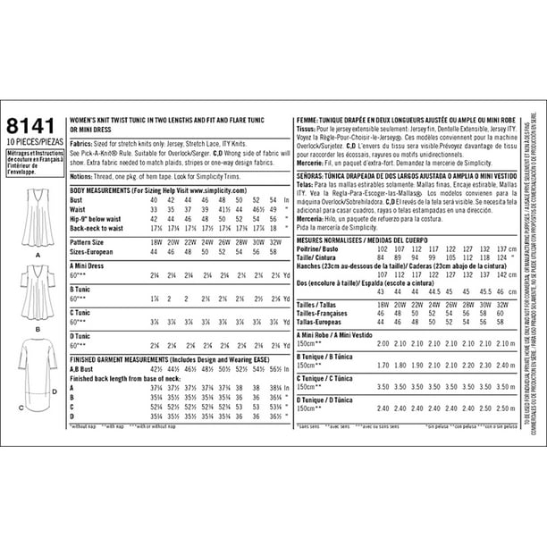 Simplicity 8141 Patron de couture pour tunique en tricot et mini-robe ...