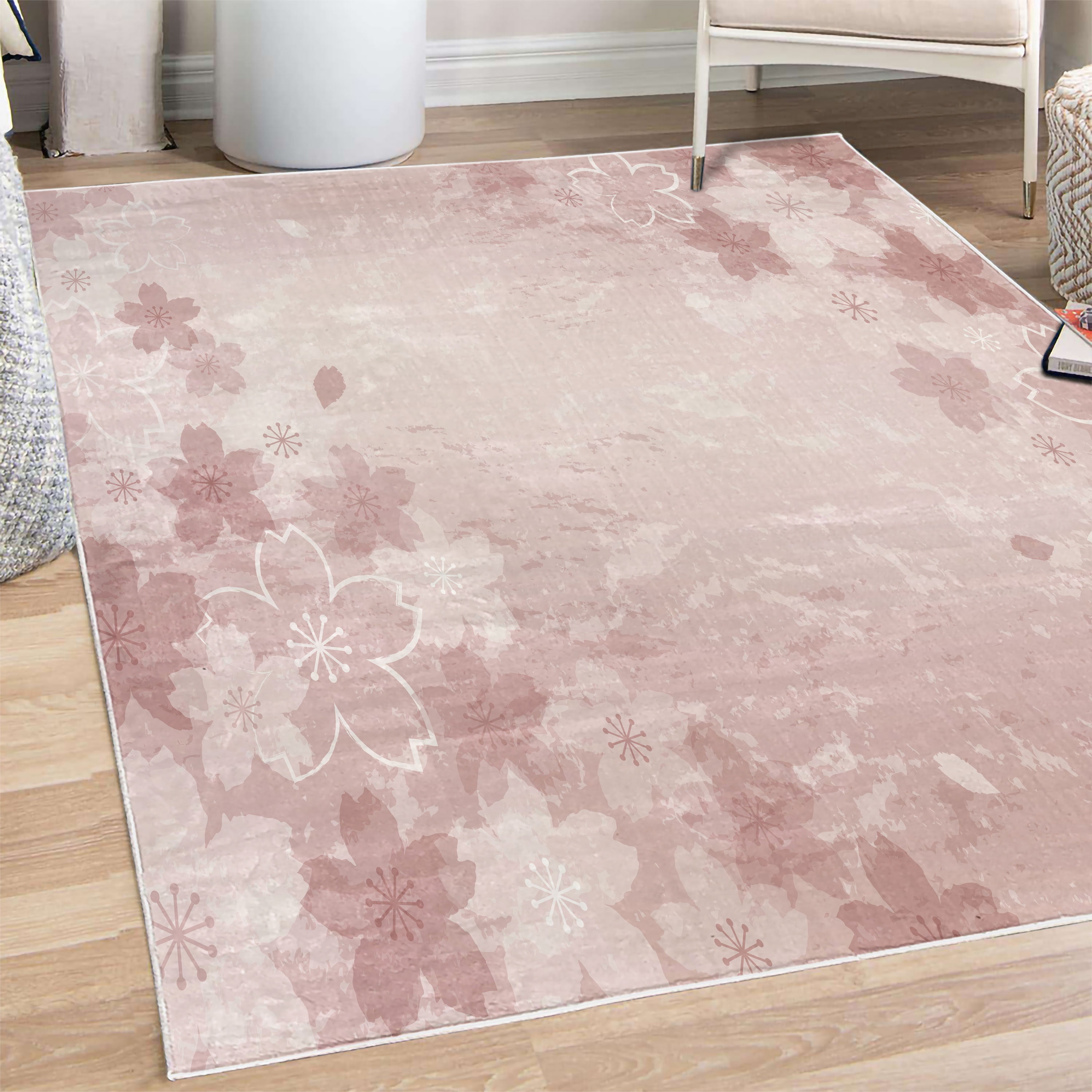 Nature Decorative Rug, Cherry Blossoms Pattern in Shabby Form Style ...