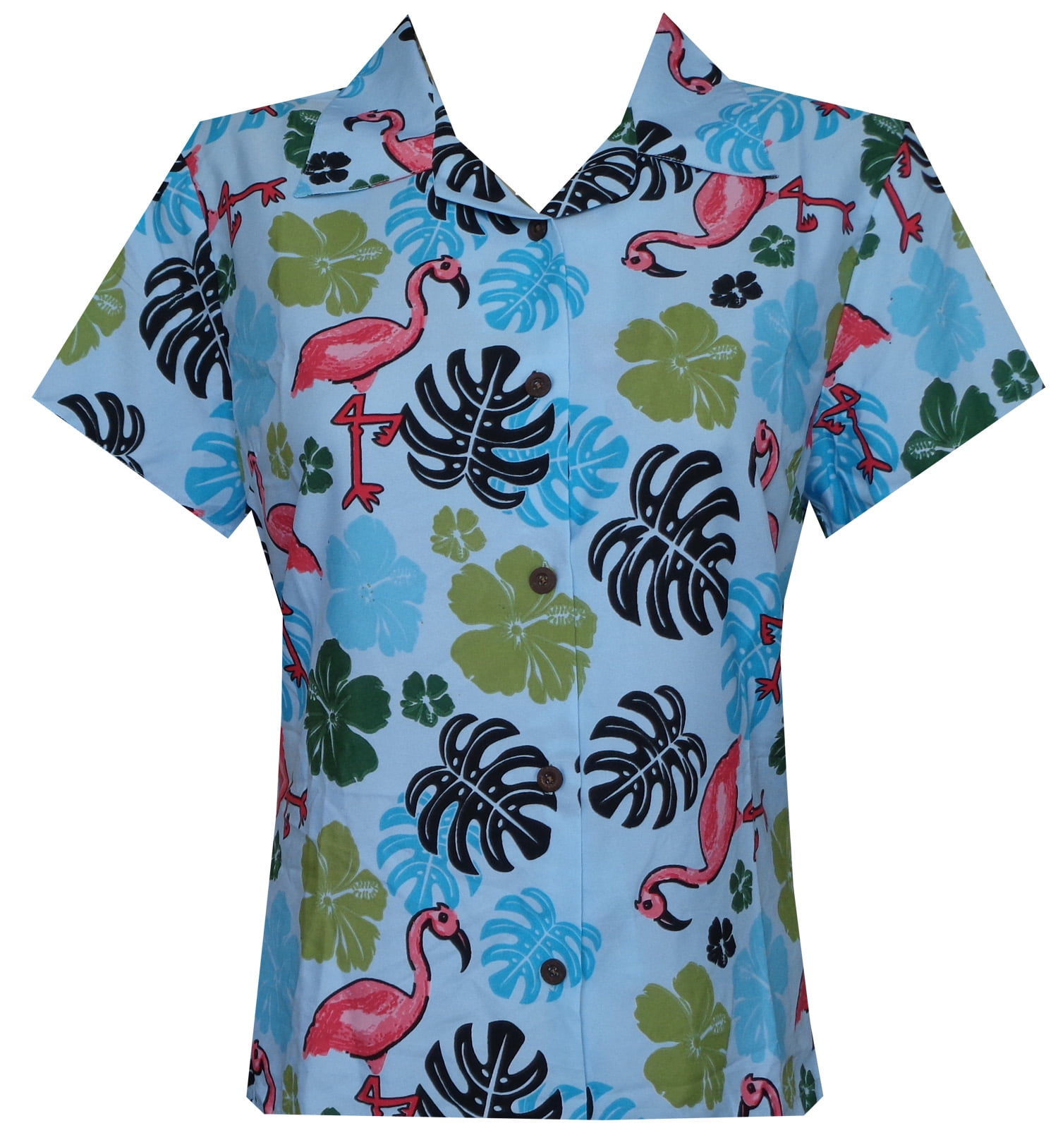 Hawaiian Shirt 37w Women Flamingo Leaf Print Aloha Beach Blouse Aqua
