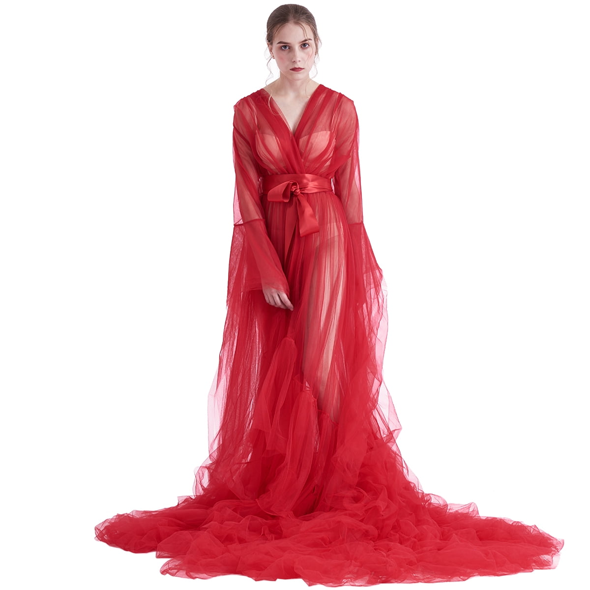 GRACEART Women Dressing Gown Perspective Sheer Long Robe Puffy Tulle ...