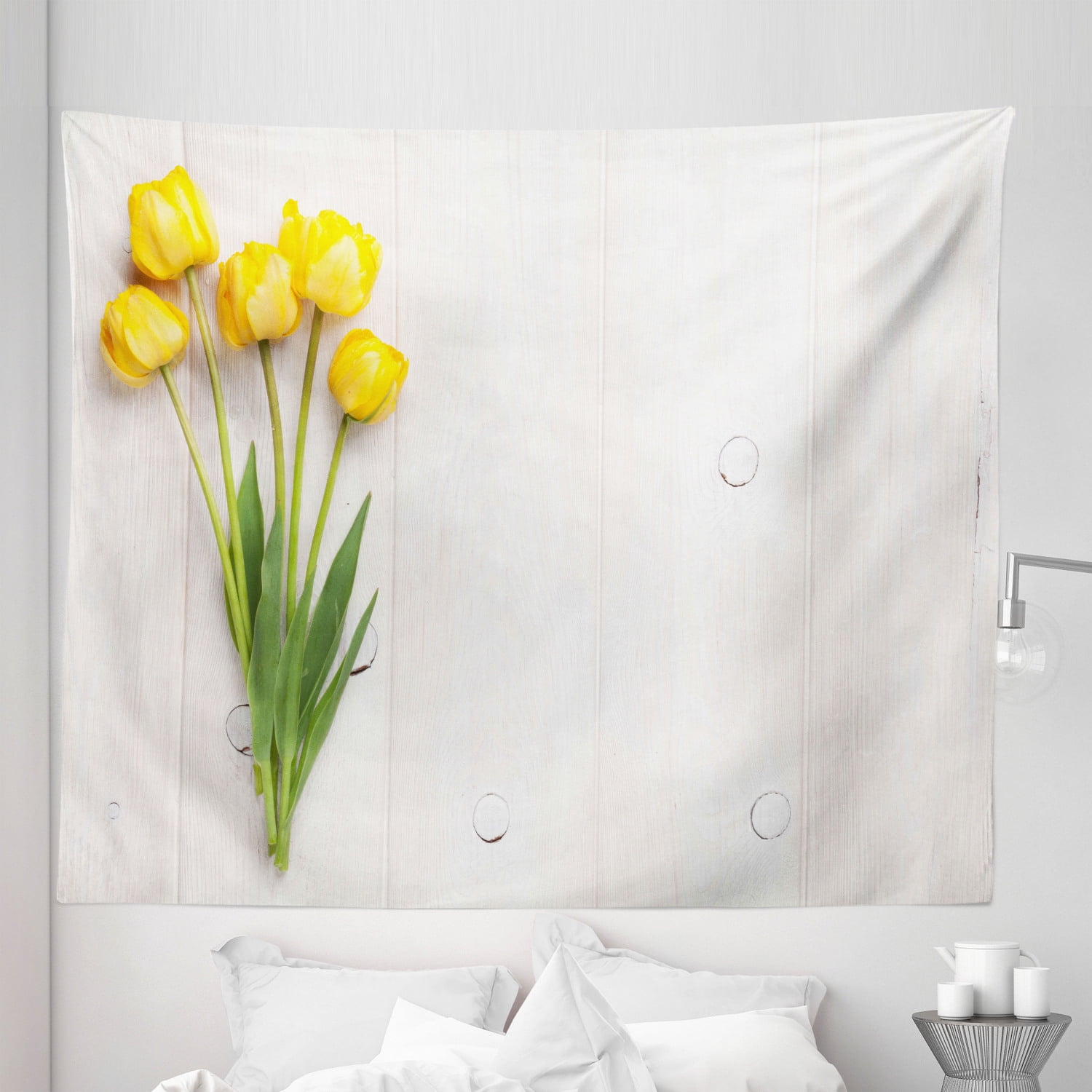 Yellow Tapestry, Colorful Tulips on a Rustic Plain Wooden Board Spring ...