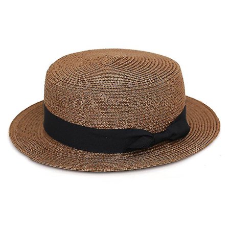 Womens Beach Bowler Straw Boater Hat Round Flat Caps Wide Brim ...
