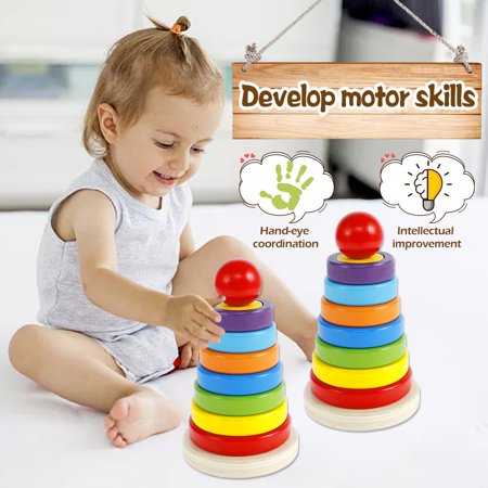 Willstar Wooden Sorter Stacker Toy, Rainbow Stacker Wooden Ring ...