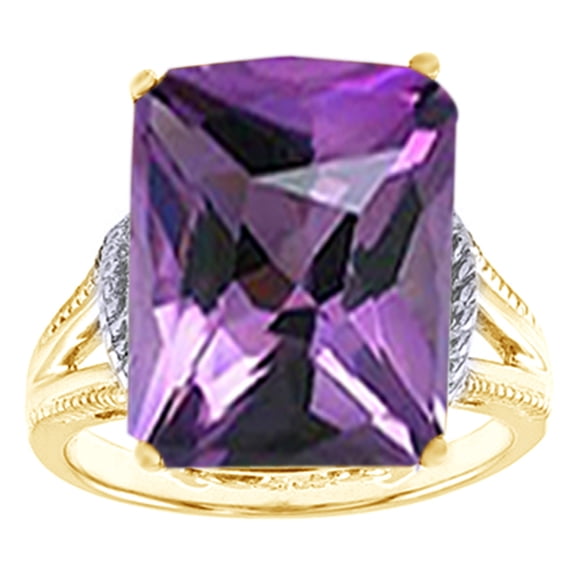 Emerald Shaped Simulated Amethyst Solitaire Fashion Ring In 14k Yellow ...