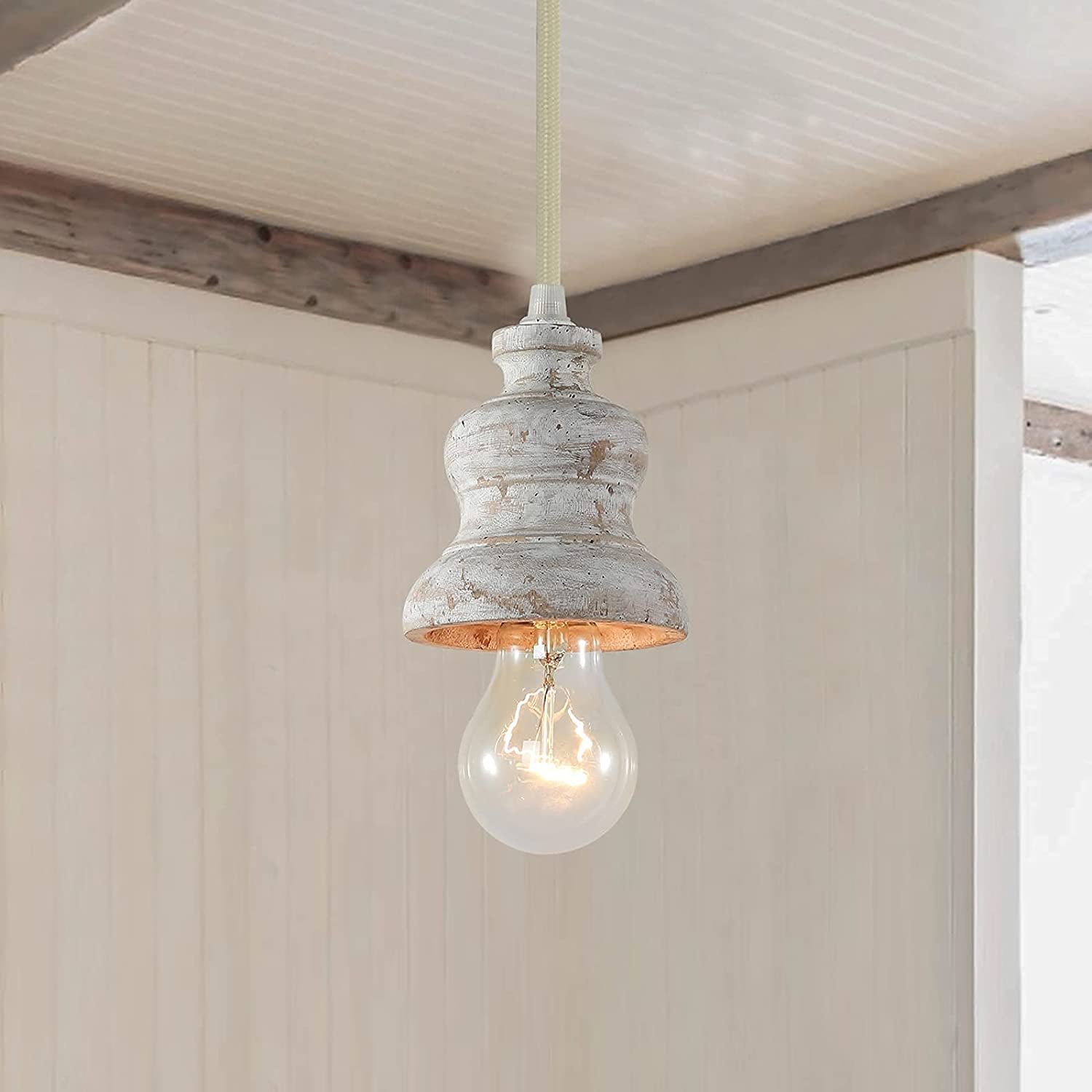 TOMIYA Single Distressed White Wood Plug in Hanging Light with Dimmer ...