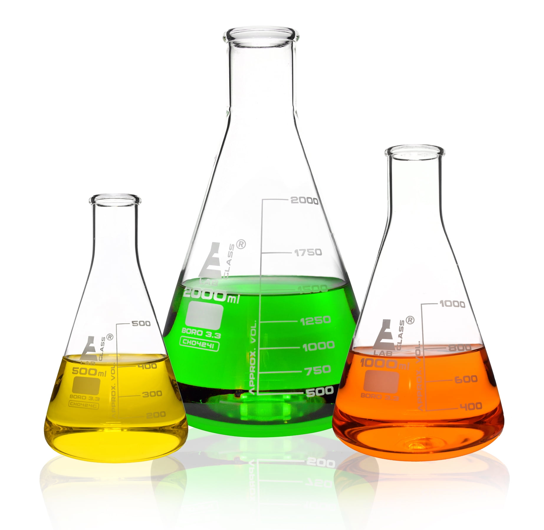 Premium Erlenmeyer Flask Set - 500ml, 1000ml & 2000ml - Narrow Neck ...