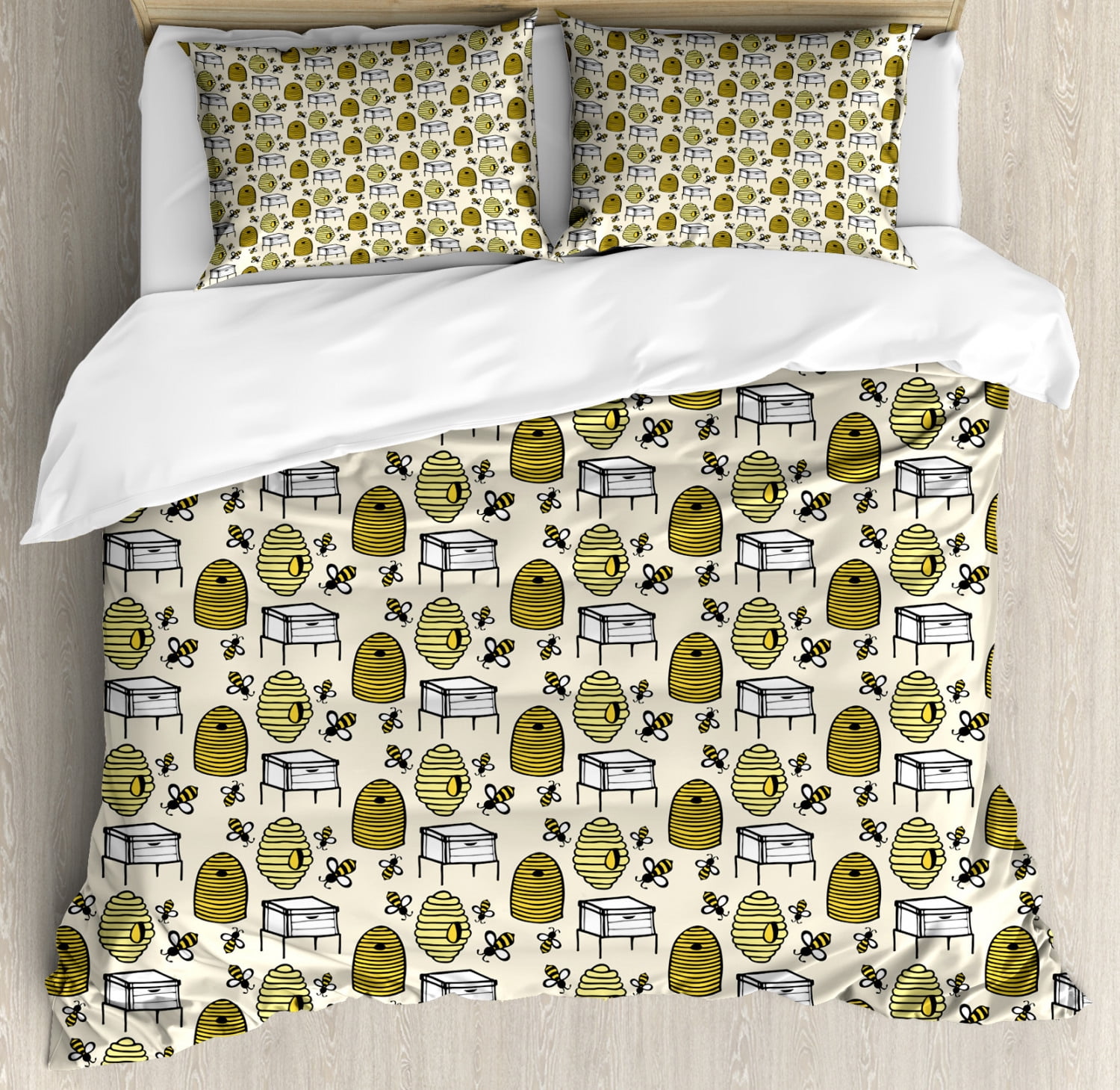 Bee Queen Size Duvet Cover Set, Caricature Beehives and Honey Bees ...