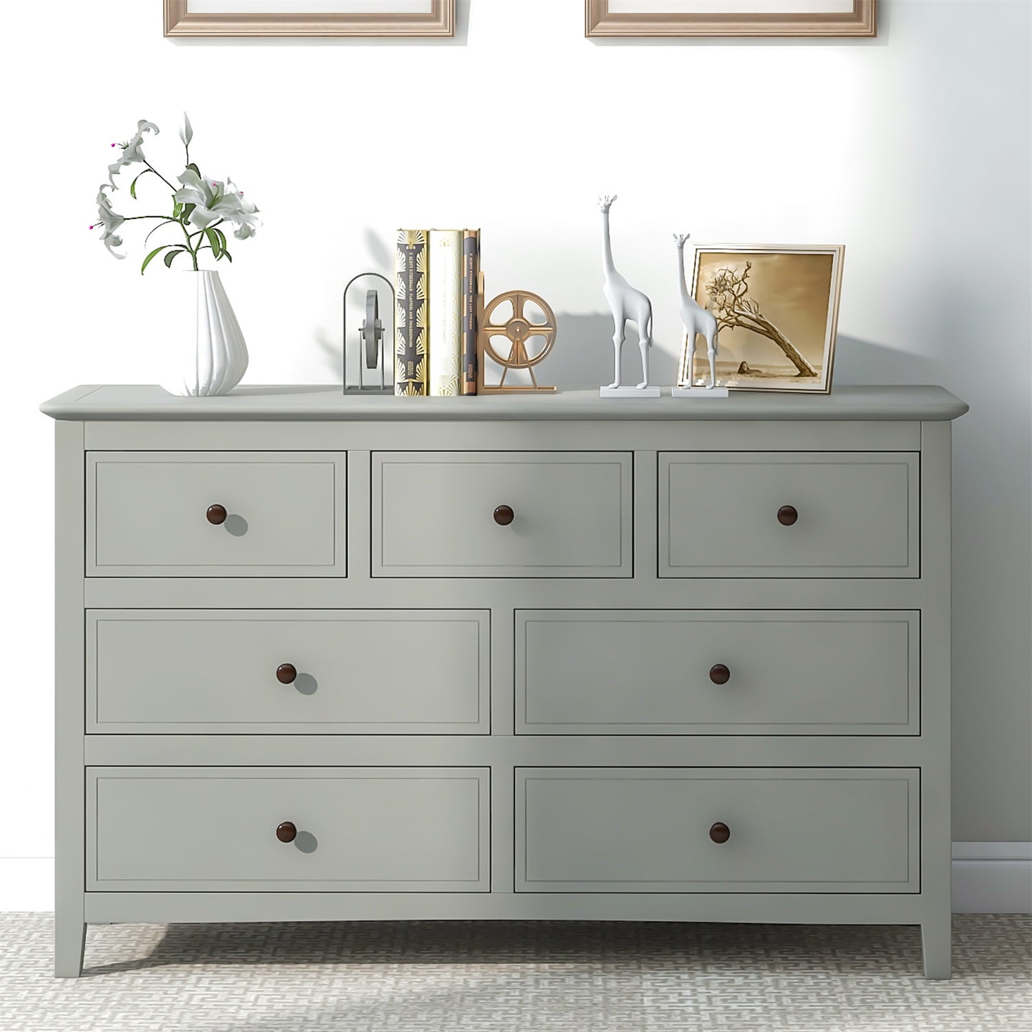 Solid Wood Dresser, Gray Dresser with 7 Storage Drawers End Table ...