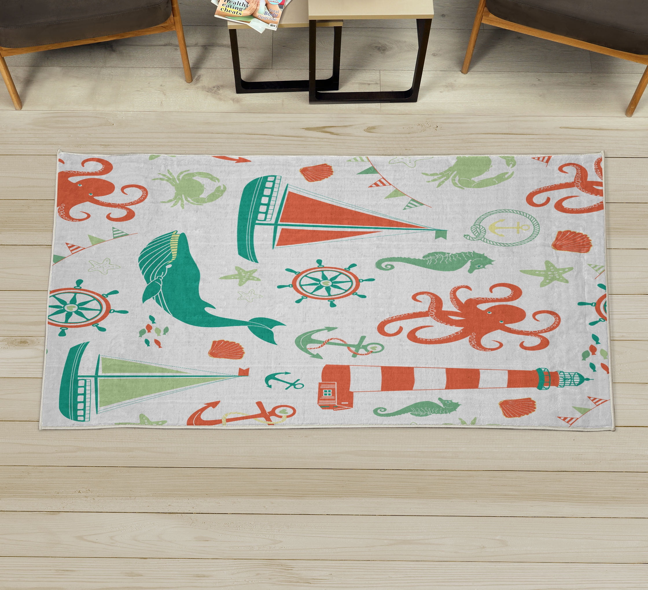 Nautical Decorative Rug, Pastel Colored Composition of Lighthouse ...