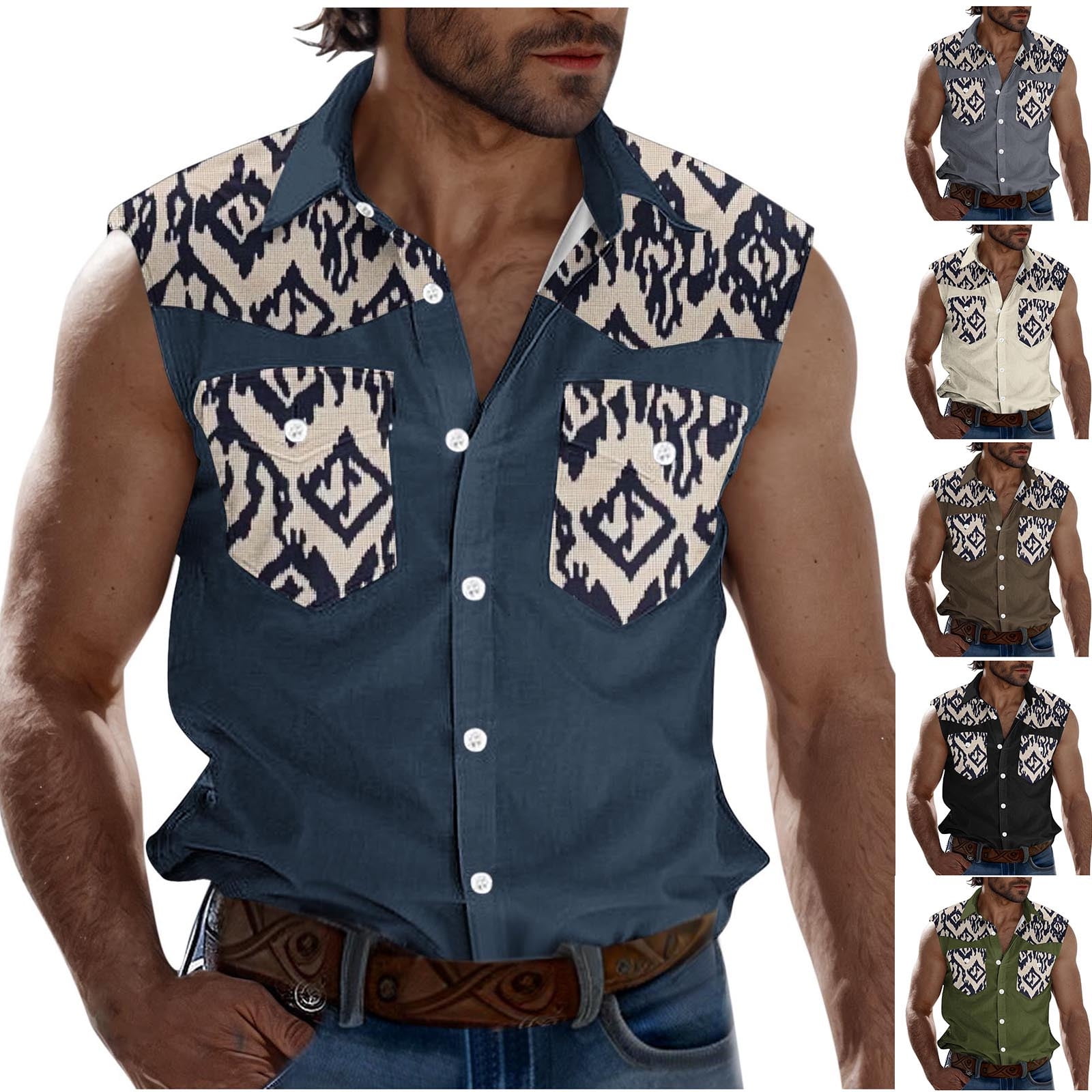 VBTAPA Cargo Shirts for Men with Pockets Button Down Collar Sleeveless ...