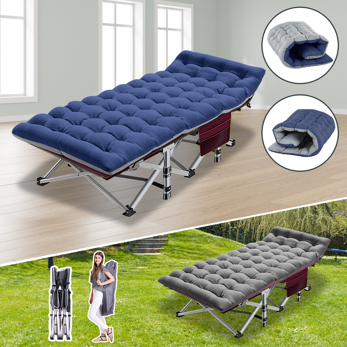 Slsy Folding Camp Cot With Reversible Mattress, Portable Folding Cots ...