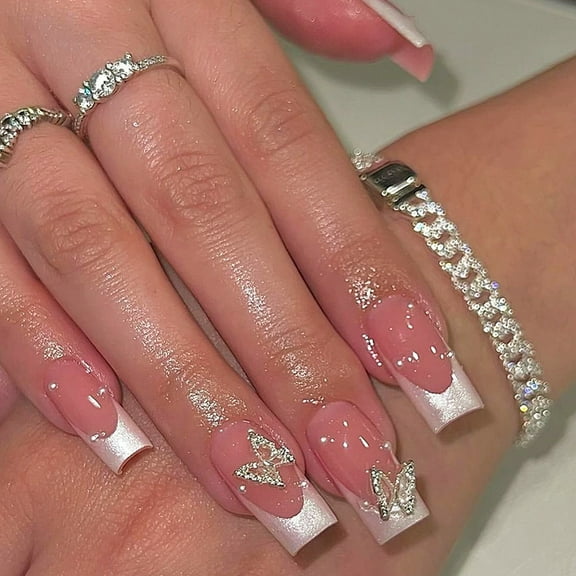 Yoyauz Coffin Pressed Nails Fake French Nails Full Coverage Acrylic ...