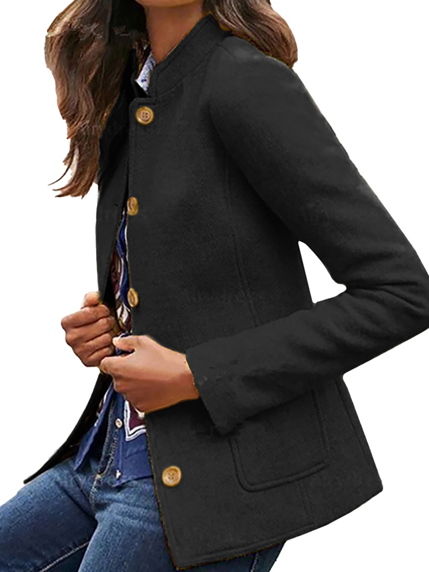 Nananla Women Elegant Fashion Pure Color Button Stand-Up Collar Woven ...