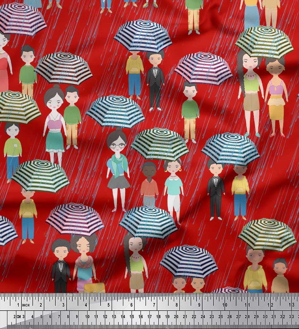 Soimoi Red Modal Satin Fabric Monsoon Theme Human Figure Print Fabric ...