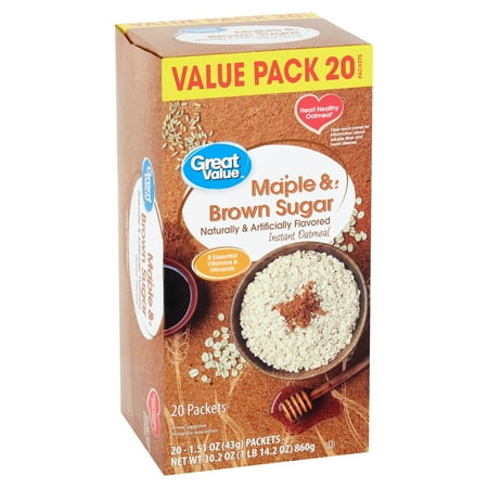 Great Value Maple & Brown Sugar Instant Oatmeal Value Pack, 1.51 oz, 20 ...