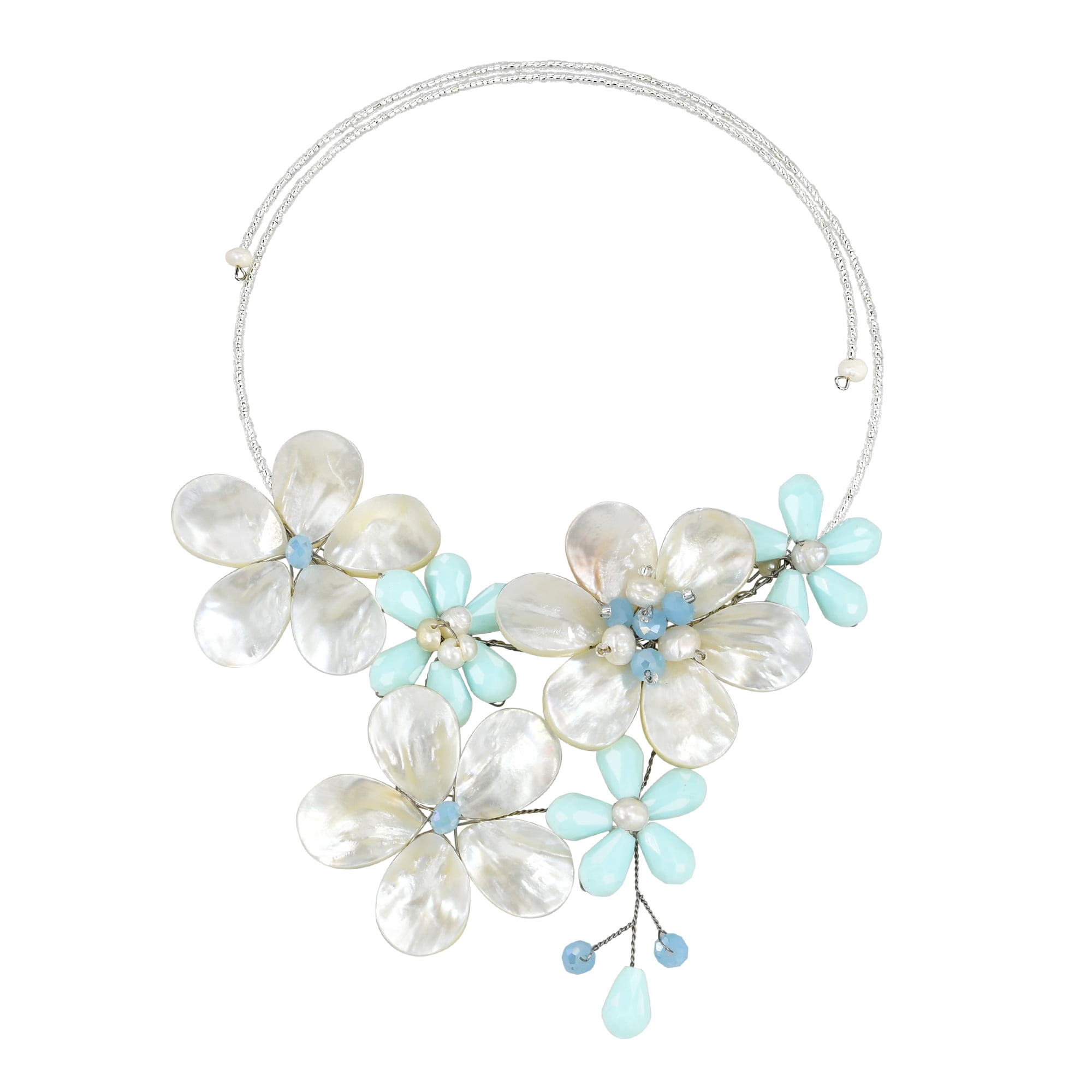 Aeravida Forest Statement Pearl Seashell Blue Glass Beads Flower Garden