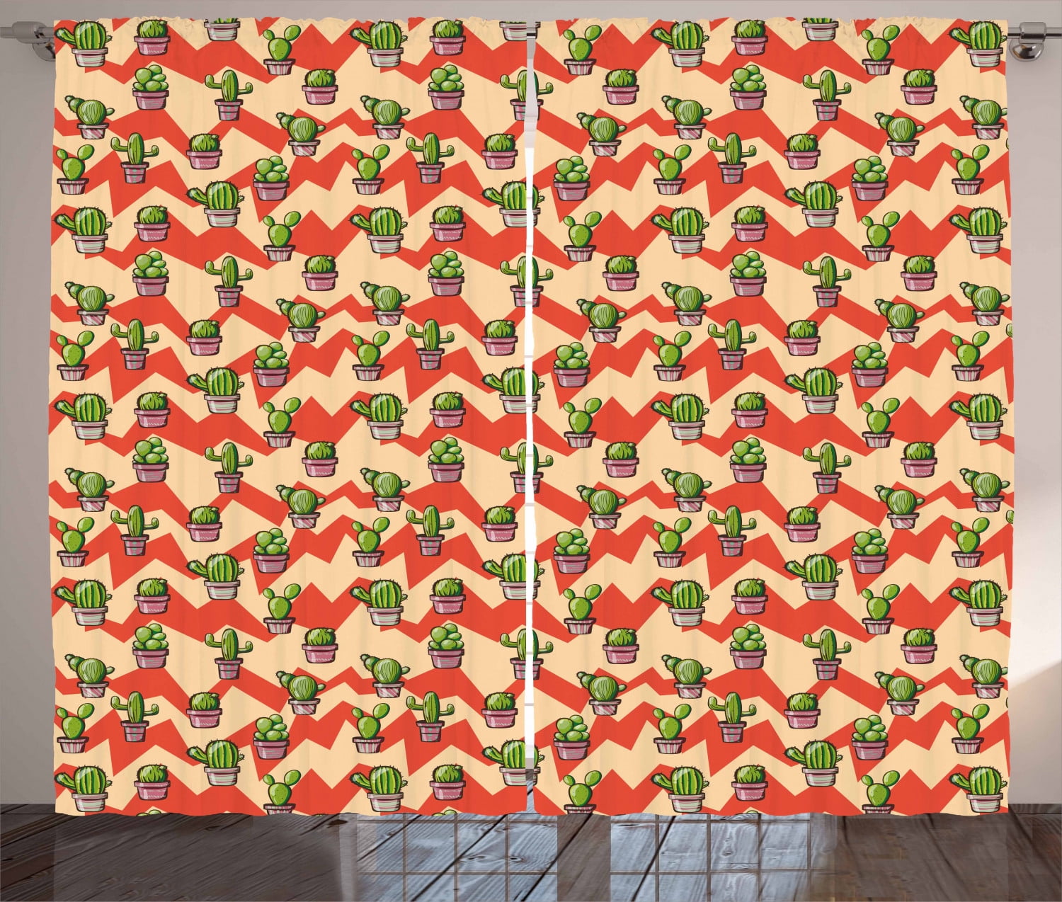 Cactus Curtains 2 Panels Set, Geometric Background with Zigzags Mexican ...