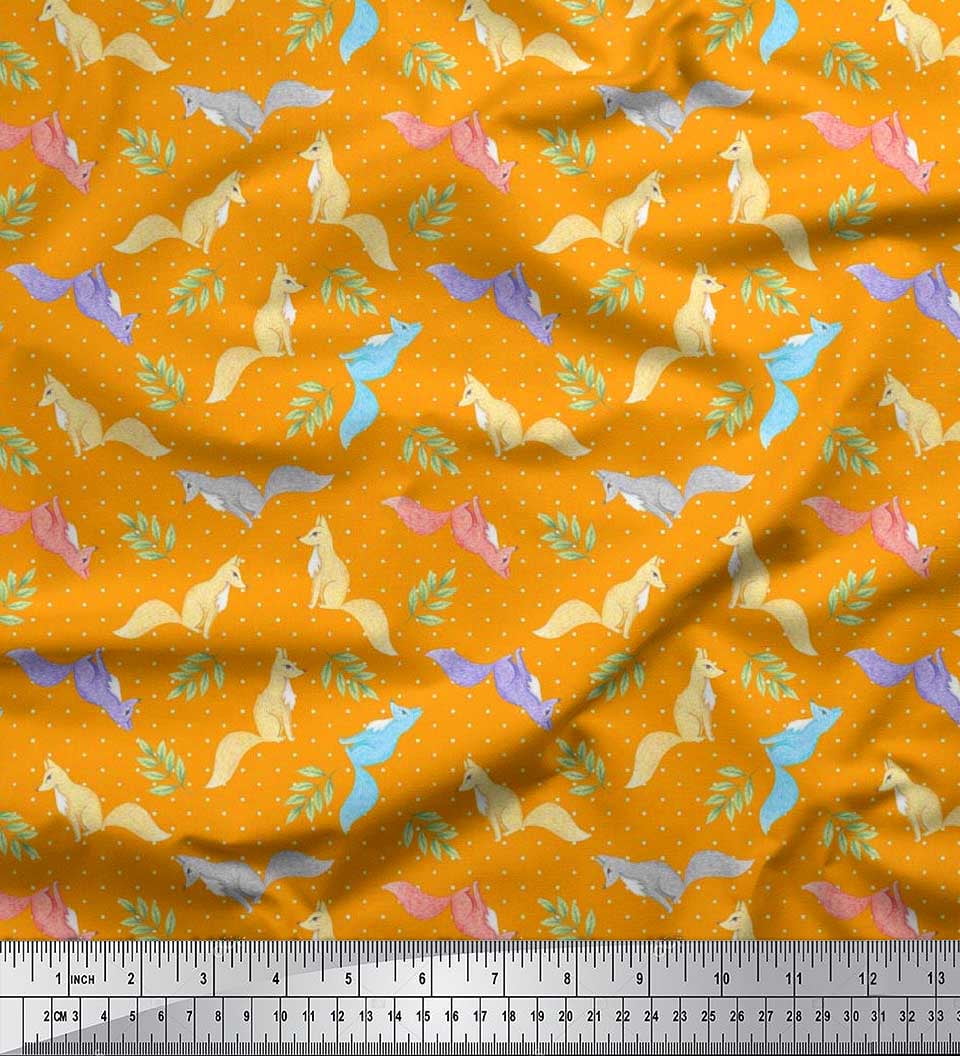 Soimoi Satin Silk Fabric Dot,Leaves & Fox Animal Print Sewing Fabric ...
