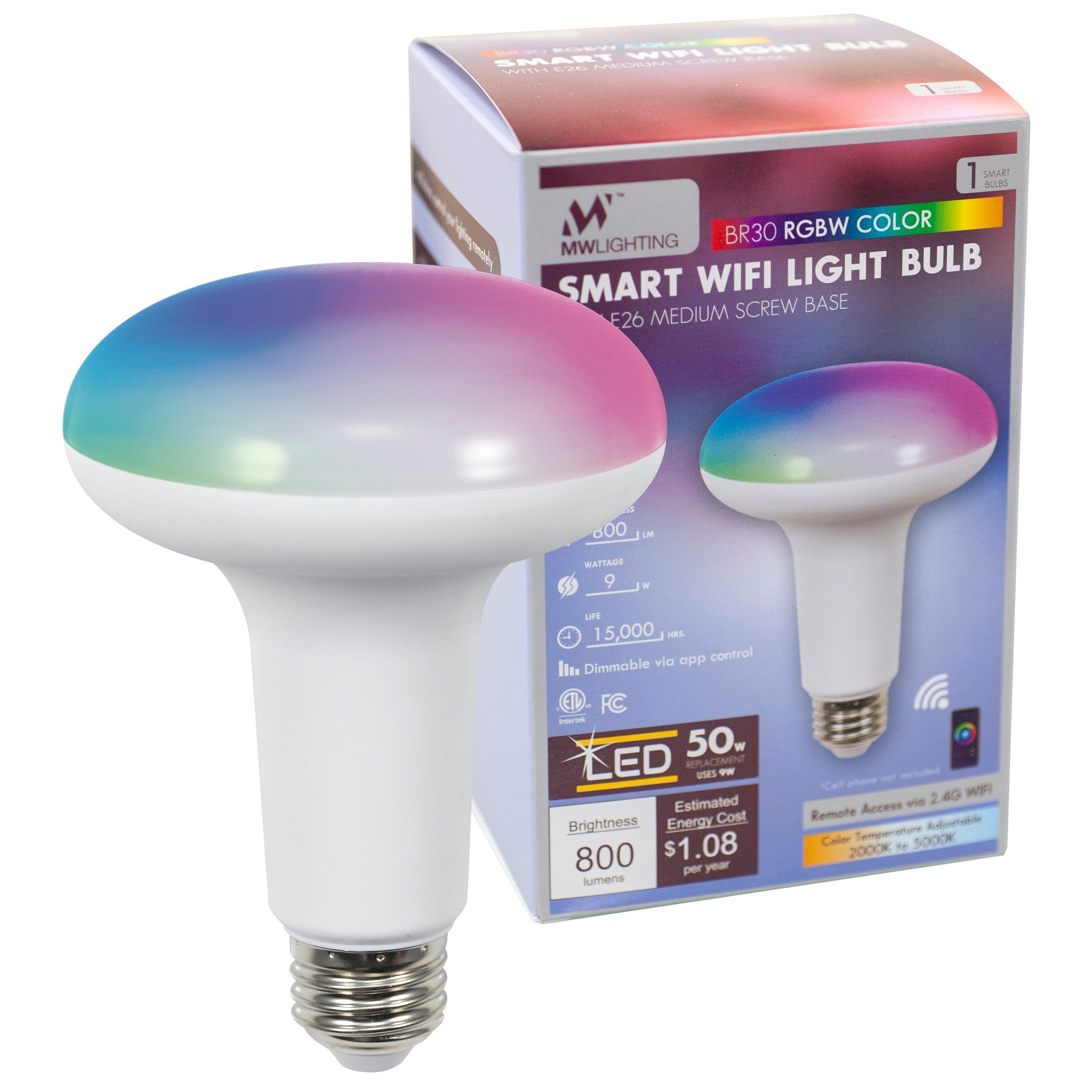 MW Lighting BR30 Smart LED RGBW WIFI Lighting Bulb with E26 Screw Base ...