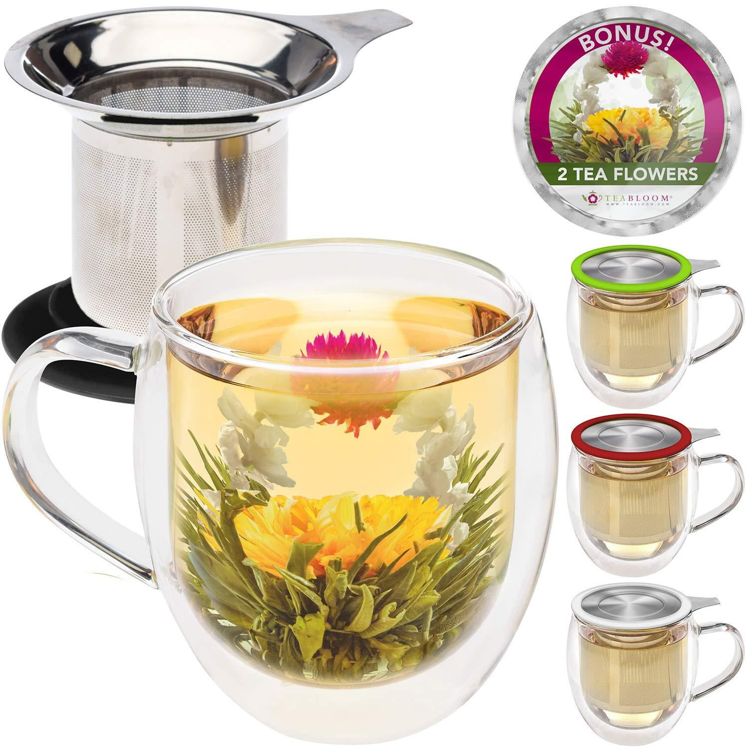 Teabloom Double Wall Glass Mug with Infuser & Lid +2 Gourmet Tea ...