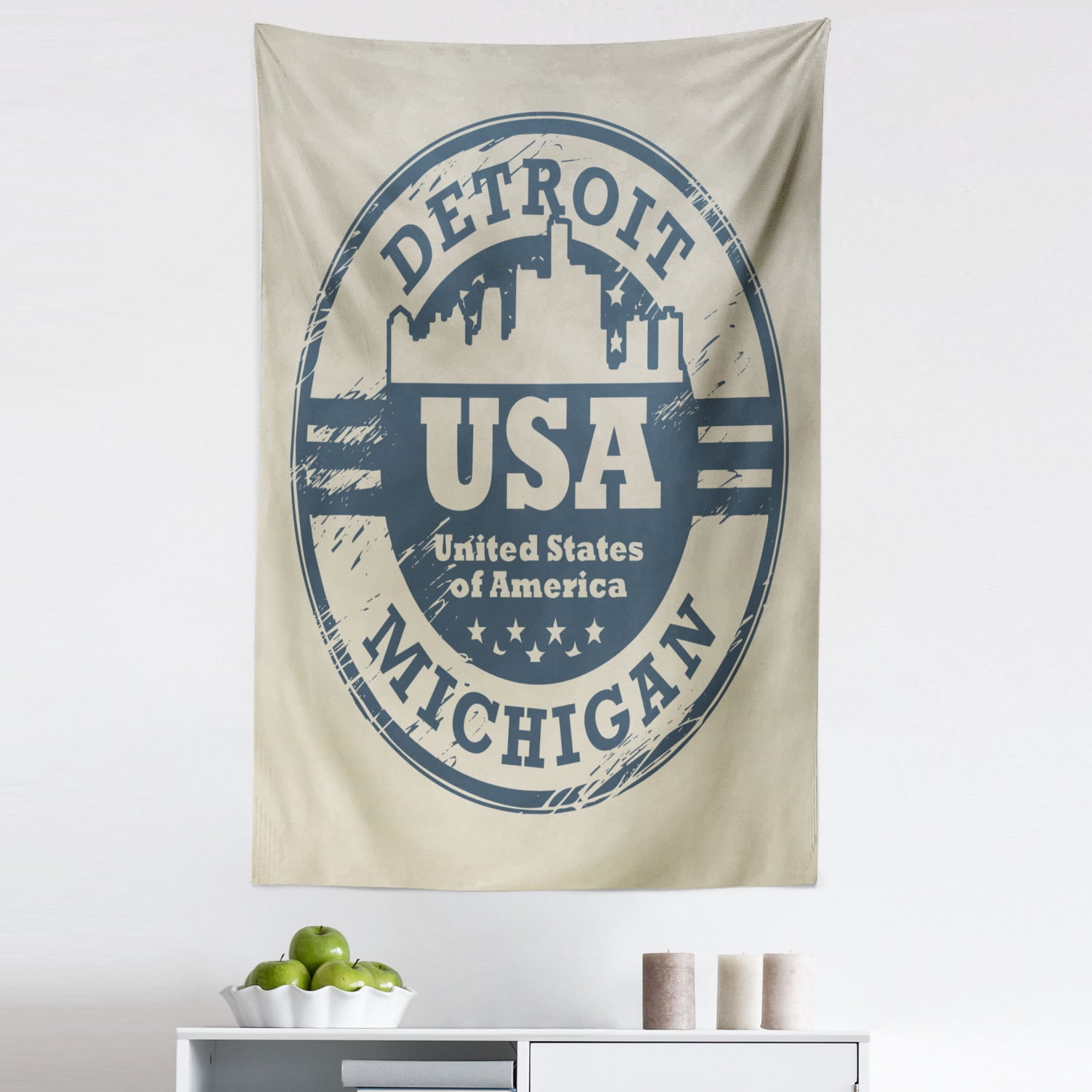 America Tapestry, Passport Stamp Inspired Grungy of Detroit Michigan ...