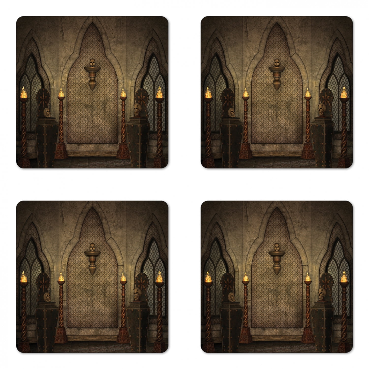 Gothic Coaster Set of 4, Fantasy Scene with Old Fashioned Wooden Torch ...