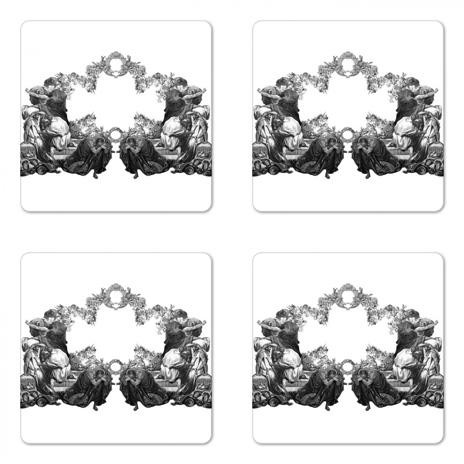 Victorian Coaster Set of 4, Frightened People Antique Sketch Art Floral ...