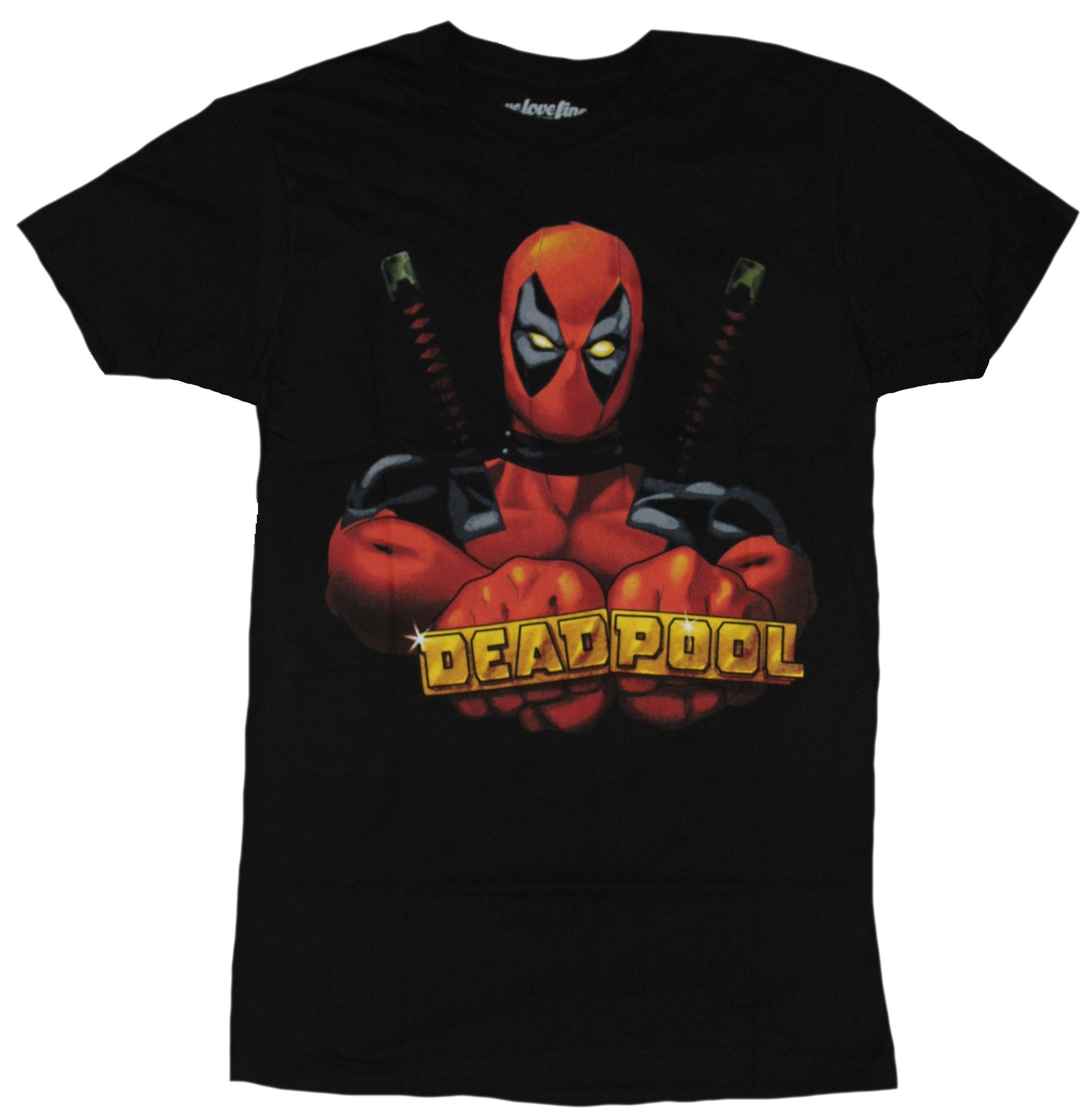 Deadpool (Marvel Comics) Mens T-Shirt - Flexing Knuckle Ringed Name ...