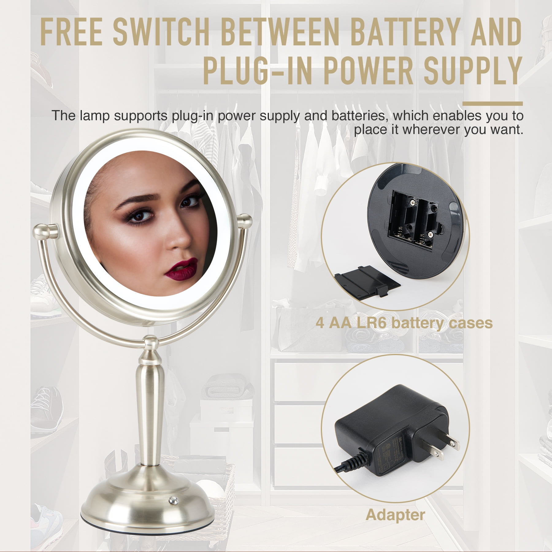 Bestco Dual Side 1X / 8X Magnification Lighted Mirror Lamp with Brushed ...