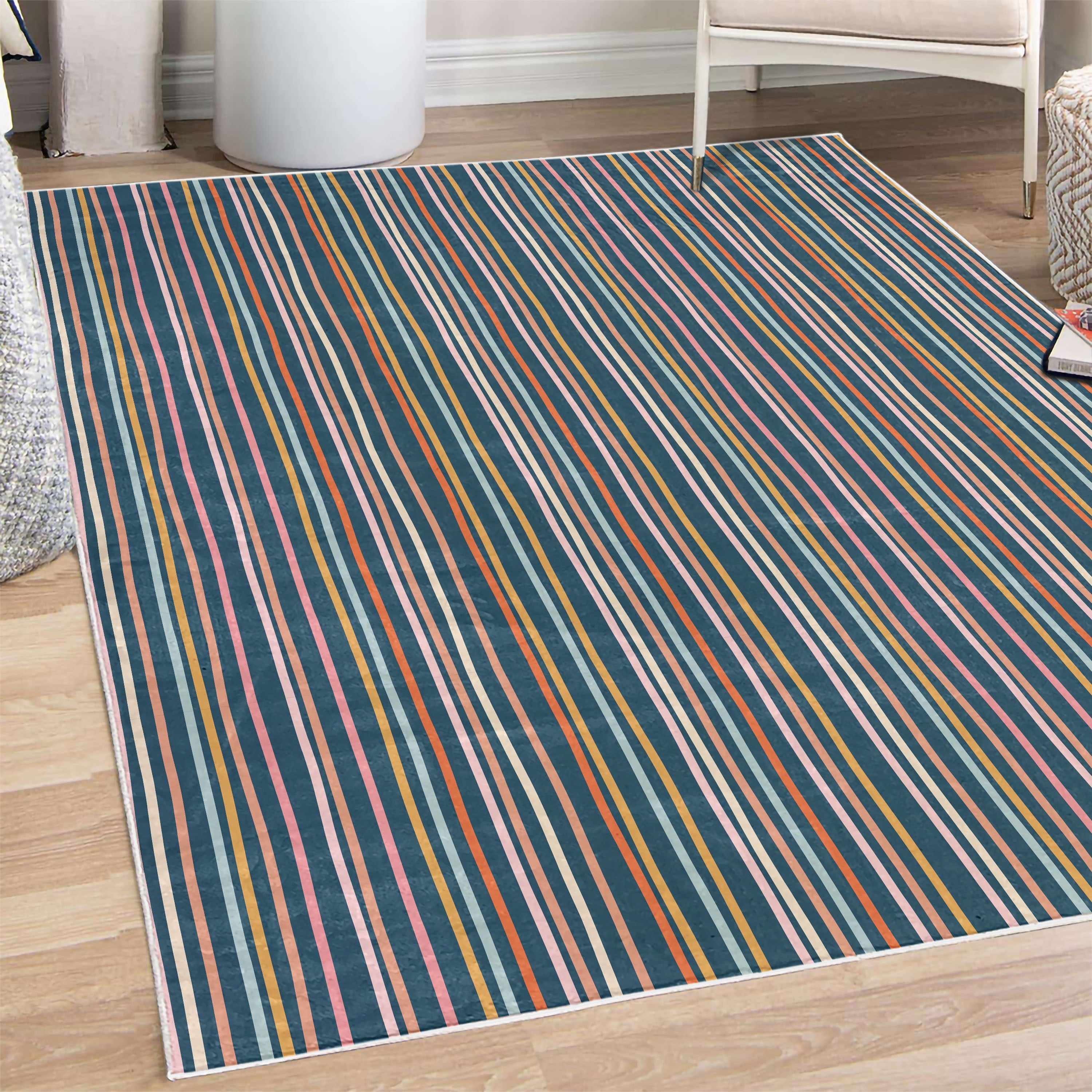 Geometric Decorative Rug, Retro Vertical Bands Wavy Striped Lines Hand ...